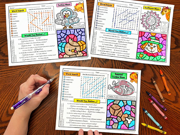Fall Early Finishers Thanksgiving Word Searches Maze Would You Rather ...