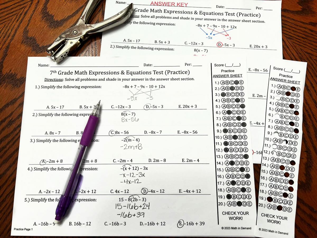 7th Grade Math Expressions & Equations Multiple Choice Assessments Tes ...