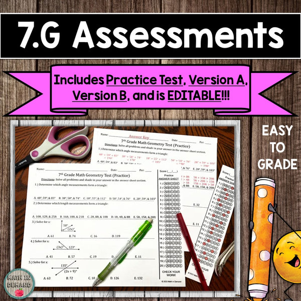 7th Grade Math Geometry Multiple Choice Assessments Tests (Editable ...