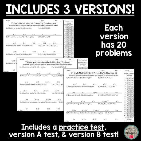 7th Grade Math Statistics & Probability Multiple Choice Assessments Te ...
