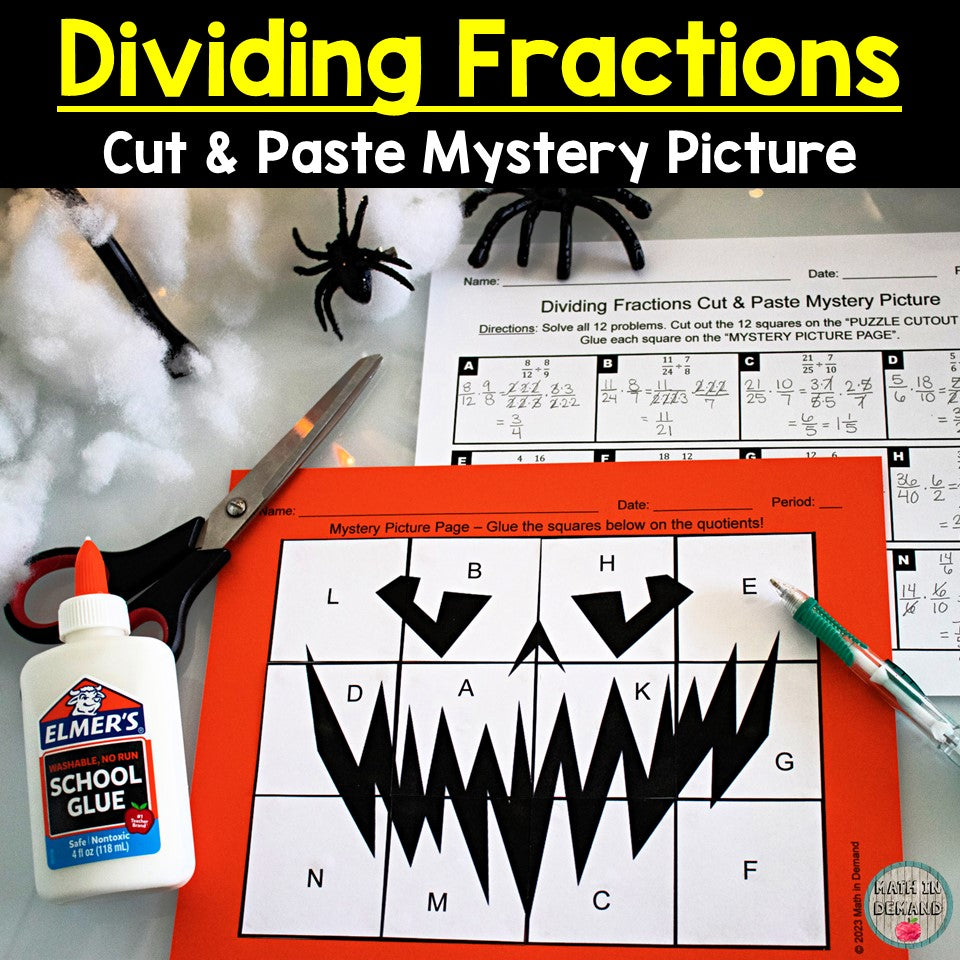Dividing Fractions Cut & Paste Halloween Mystery Picture - Math in Demand