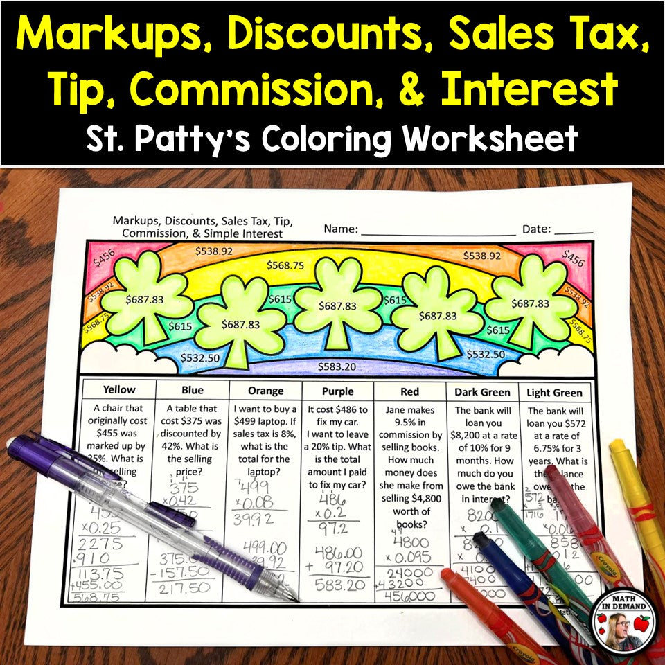 Markup, Discount, Sales Tax, Tip, Commission, Simple Interest Coloring ...