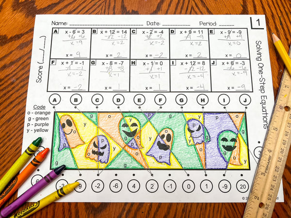 One-Step Equations Includes 4 Stained Glass Activities Halloween Editi ...