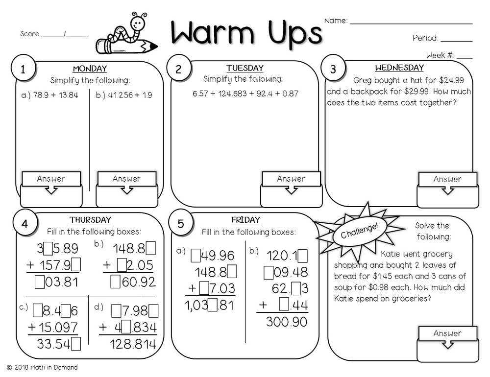 6th Grade Math Warm-ups - Math in Demand