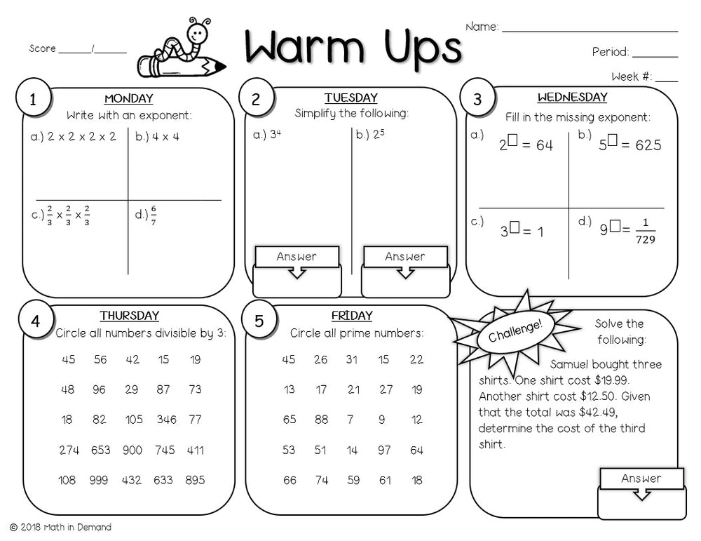 6th Grade Math Warm-ups - Math in Demand