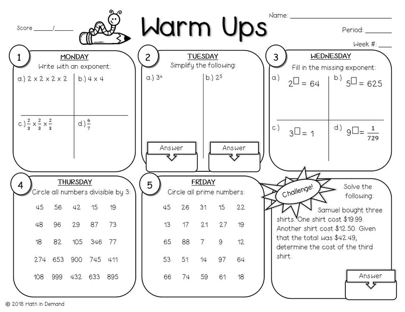 6th Grade Math Warm-ups - Math in Demand