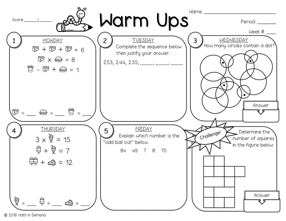 6th Grade Math Warm-ups - Math in Demand