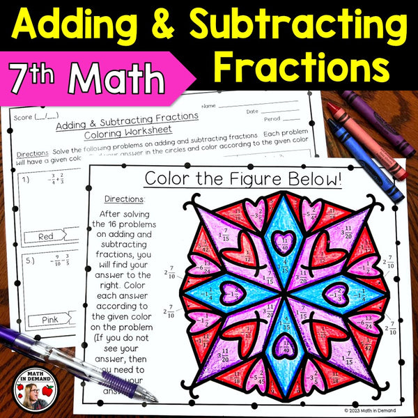 Adding and Subtracting Fractions Coloring Worksheet (Valentine's Day E ...