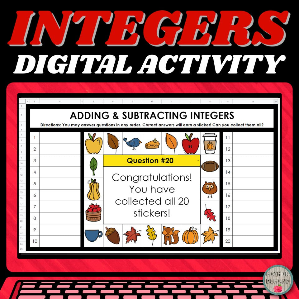 Adding & Subtracting Integers Digital Sticker Activity in Google Sheet ...