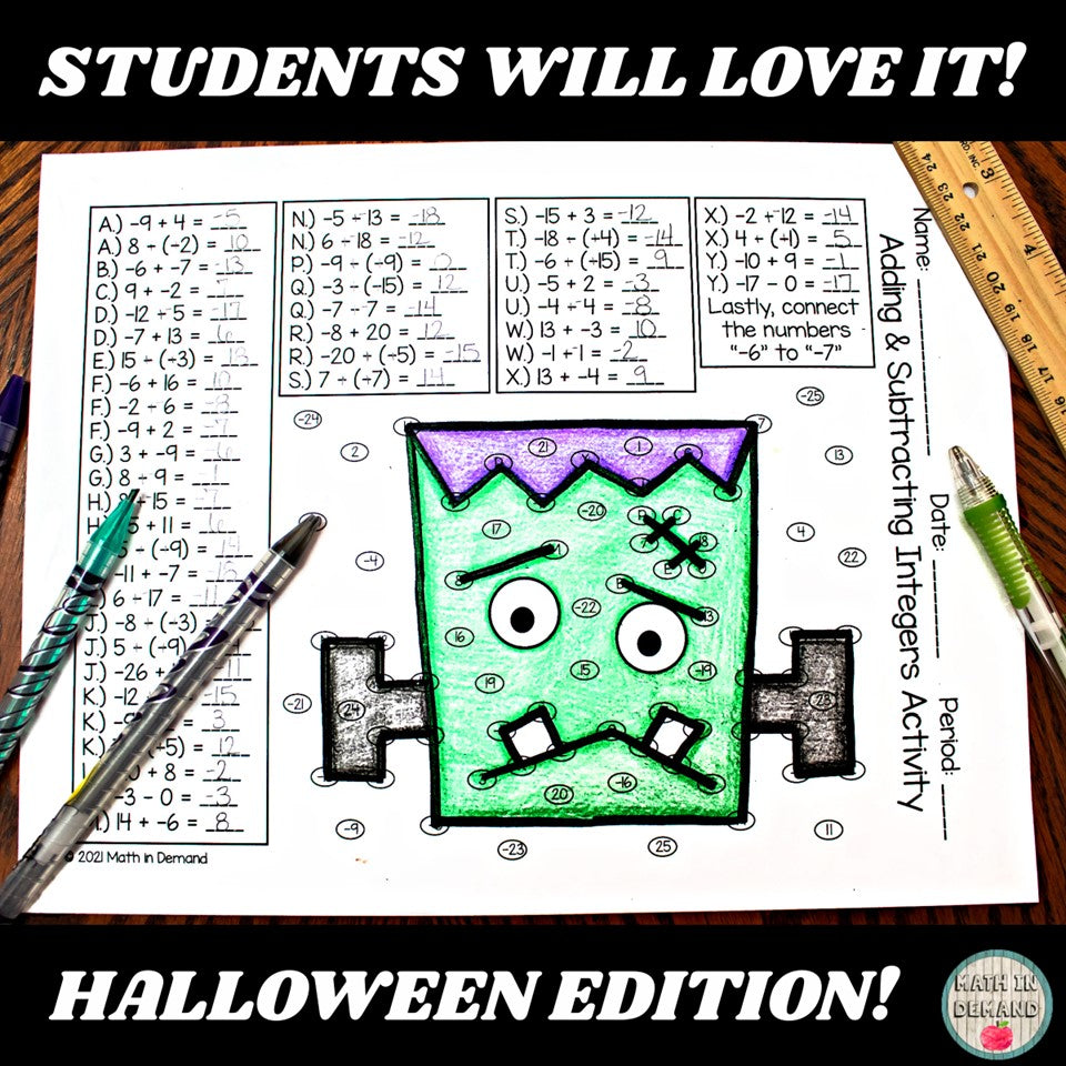 Adding & Subtracting Integers Letter to Number Halloween Activity ...