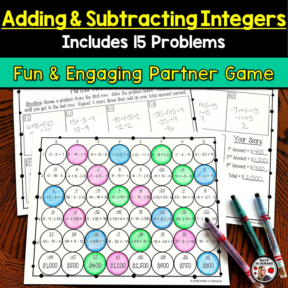 Adding Subtracting Integers Partner Activity Math In Demand Adding Subtracting Integers Partner Activity Math In Demand