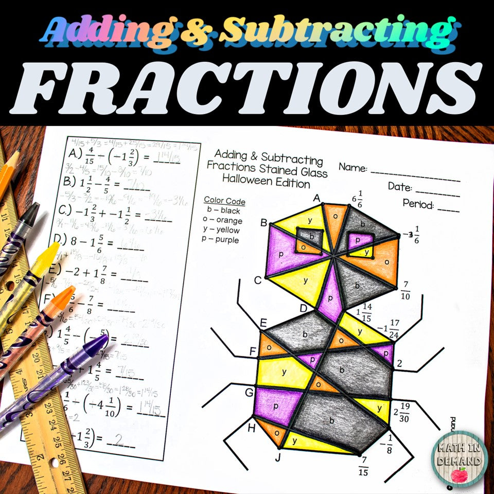 Adding and Subtracting Fractions Stained Glass Halloween Spider Editio ...