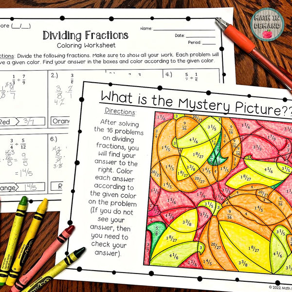 Dividing Fractions Coloring Worksheet Fall Edition Mystery Picture ...