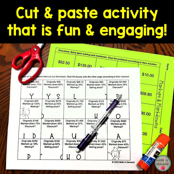 Markups and Markdowns Cut & Paste Hidden Message Activity - Math in Demand