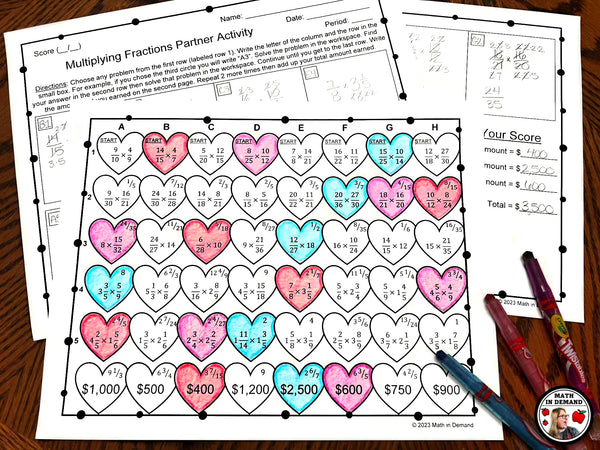 Multiplying Fractions Partner Activity (Positives Only) Valentine's Da ...