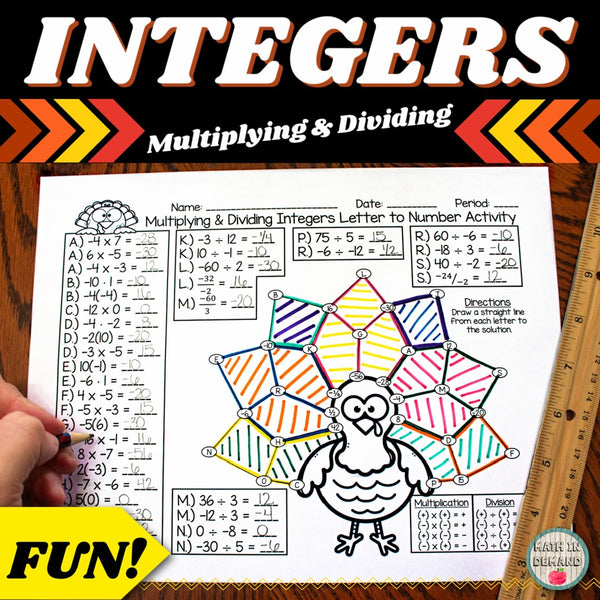 Multiplying and Dividing Integers Fall Turkey Activity Letter to Numbe ...