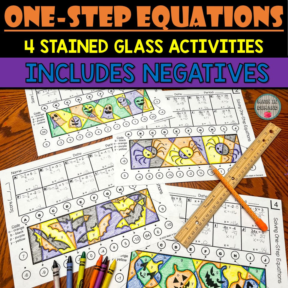 One-Step Equations Includes 4 Stained Glass Activities Halloween Editi ...