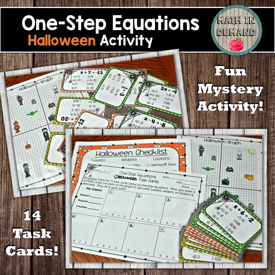 One-Step Equations Halloween Task Cards Mystery Activity - Math in Demand