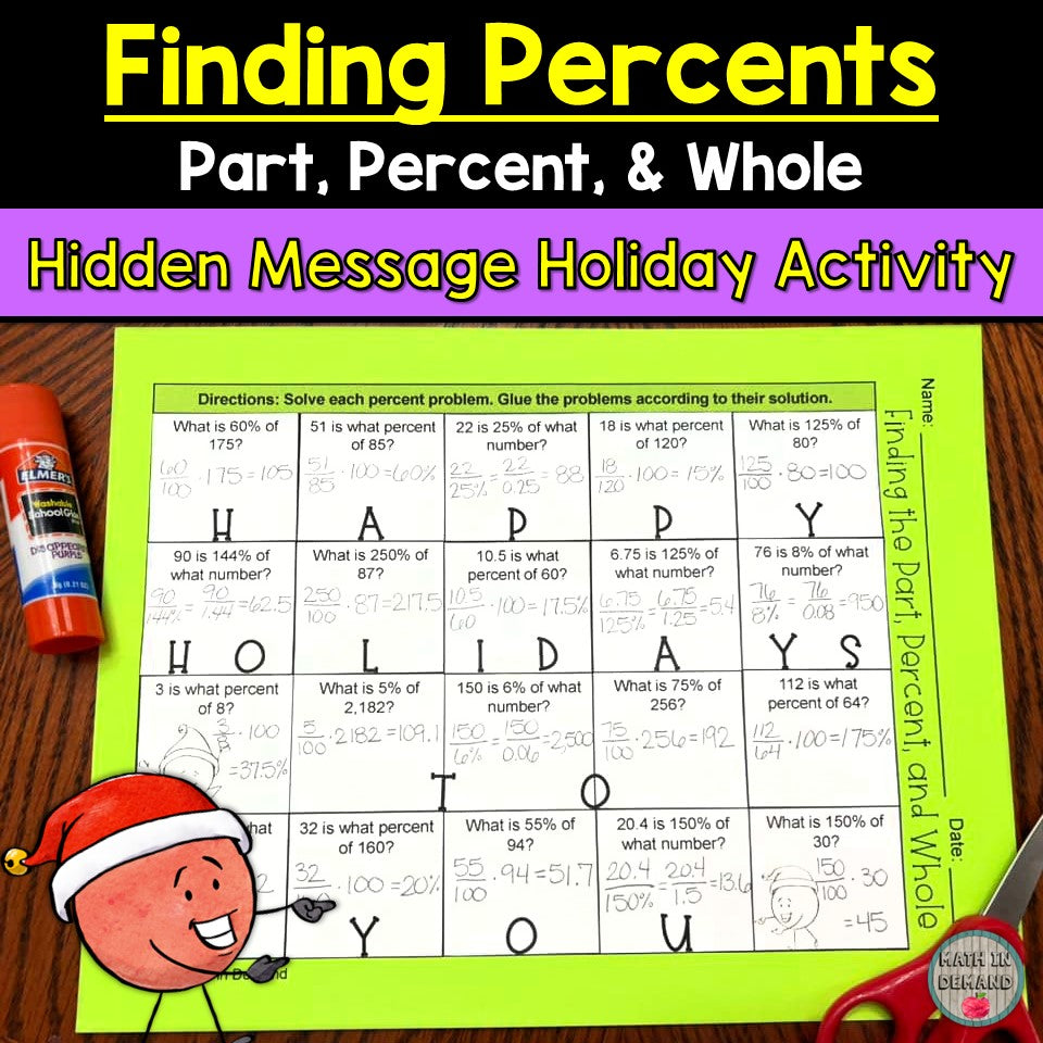 Finding Percents (Percentages) Cut & Paste Hidden Message Activity ...