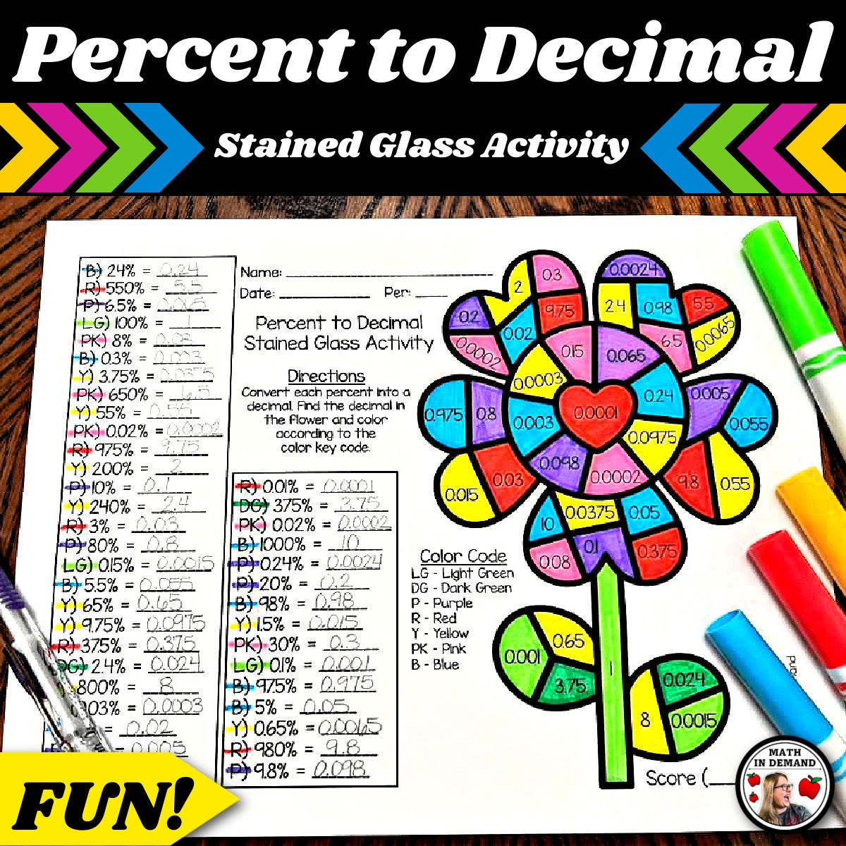 Percent-Decimal Conversion Flower Stained Glass - Math in Demand