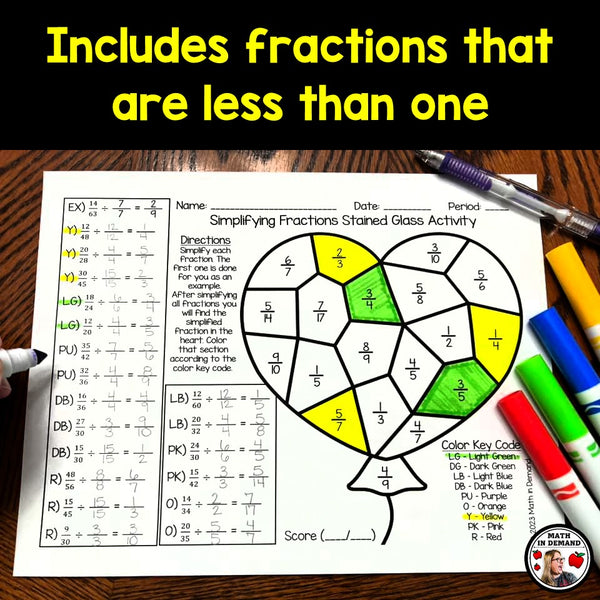 Simplifying Fractions Heart Balloon Stained Glass - Math in Demand