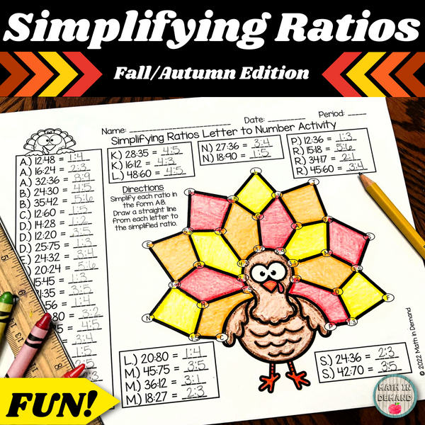 Simplifying Ratios Fall Turkey Activity Letter to Number 5th 6th Grade ...