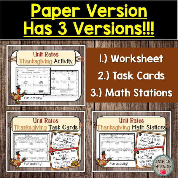Unit Rates Thanksgiving Activity (Better Buy) PAPER & DIGITAL DISTANCE ...