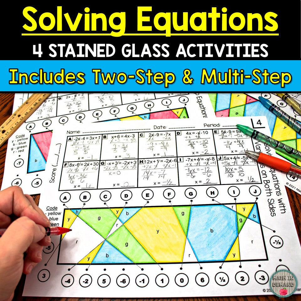 Solving Equations Stained Glass 4 Worksheets (Two-Step & Multi-Step Eq ...