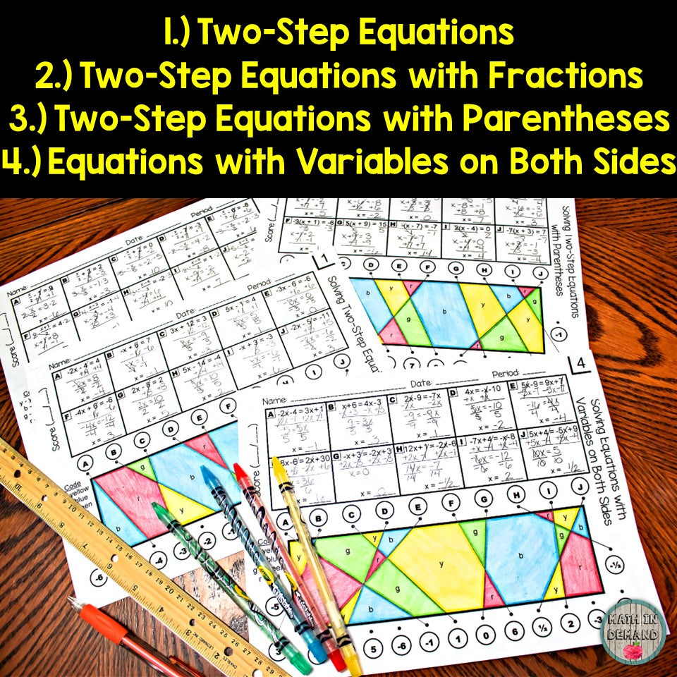 Solving Equations Stained Glass 4 Worksheets (Two-Step & Multi-Step Eq ...