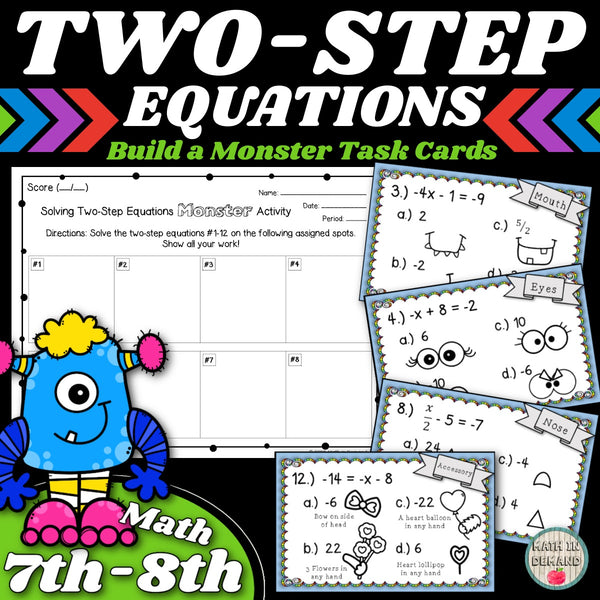 Two-Step Equations Build A Monster Task Cards Activity - Math in Demand