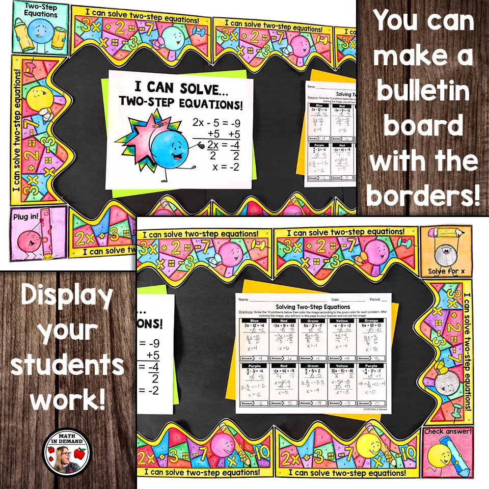 Two-Step Equations Bulletin Board Border Color by Number - Math in Demand
