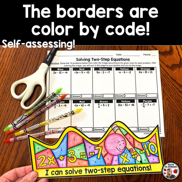 Two-Step Equations Bulletin Board Border Color by Number - Math in Demand