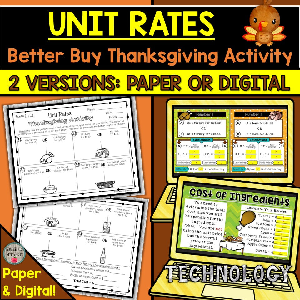 Unit Rates Thanksgiving Activity (Better Buy) PAPER & DIGITAL DISTANCE ...
