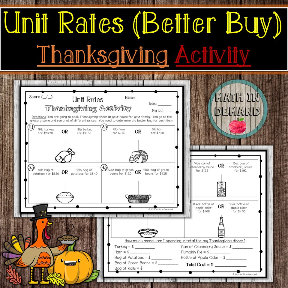 Unit Rates Thanksgiving Activity (Better Buy) PAPER & DIGITAL DISTANCE ...