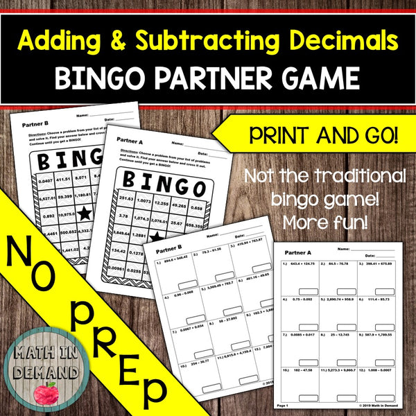 Adding and Subtracting Decimals Bingo Partner Game - Math in Demand