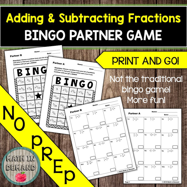 Adding and Subtracting Fractions Bingo Partner Game - Math in Demand