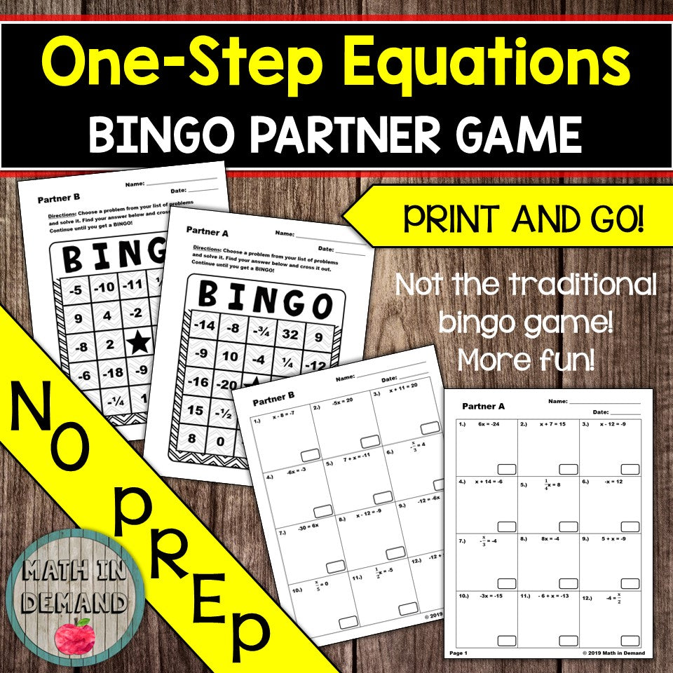 One-Step Equations Bingo Partner Game - Math in Demand