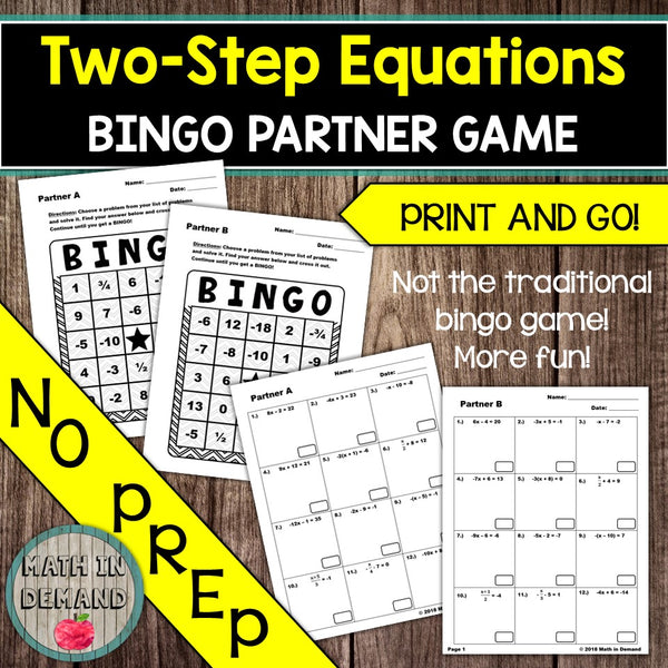 Two-Step Equations Bingo Partner Game - Math in Demand